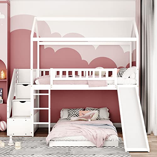 MERITLINE House Bunk Beds with Slide Twin Over Twin Bunk Bed with Stairs for Kids, Wood Twin Bunk Beds with Roof and Two Drawers for Boys or Girls, No Box Spring Needed, White