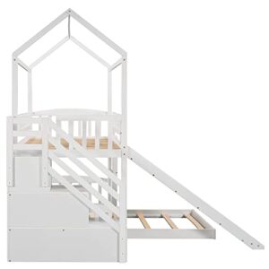 MERITLINE House Bunk Beds with Slide Twin Over Twin Bunk Bed with Stairs for Kids, Wood Twin Bunk Beds with Roof and Two Drawers for Boys or Girls, No Box Spring Needed, White