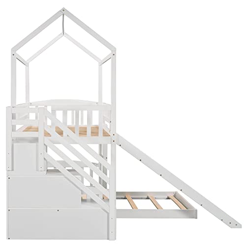 MERITLINE House Bunk Beds with Slide Twin Over Twin Bunk Bed with Stairs for Kids, Wood Twin Bunk Beds with Roof and Two Drawers for Boys or Girls, No Box Spring Needed, White