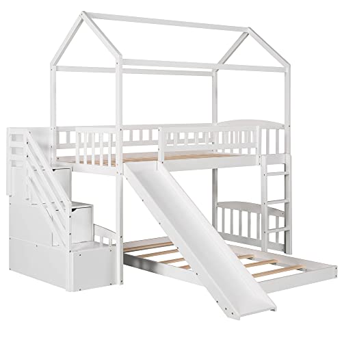 MERITLINE House Bunk Beds with Slide Twin Over Twin Bunk Bed with Stairs for Kids, Wood Twin Bunk Beds with Roof and Two Drawers for Boys or Girls, No Box Spring Needed, White