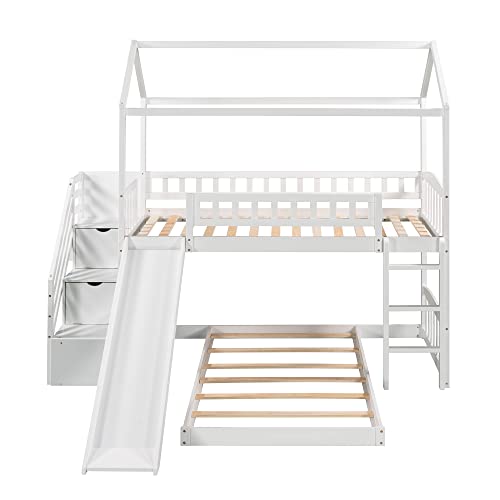 MERITLINE House Bunk Beds with Slide Twin Over Twin Bunk Bed with Stairs for Kids, Wood Twin Bunk Beds with Roof and Two Drawers for Boys or Girls, No Box Spring Needed, White