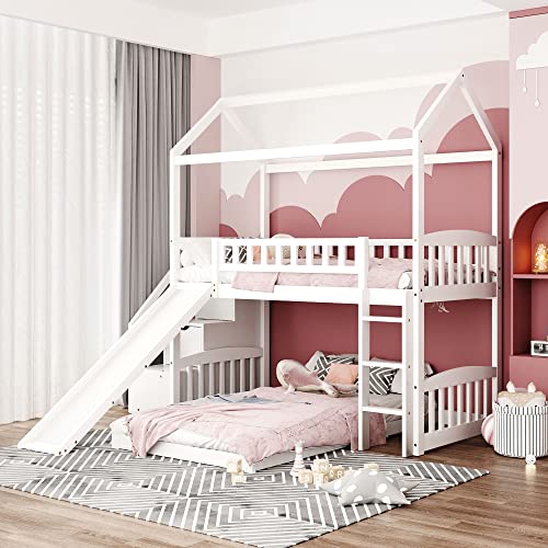 MERITLINE House Bunk Beds with Slide Twin Over Twin Bunk Bed with Stairs for Kids, Wood Twin Bunk Beds with Roof and Two Drawers for Boys or Girls, No Box Spring Needed, White