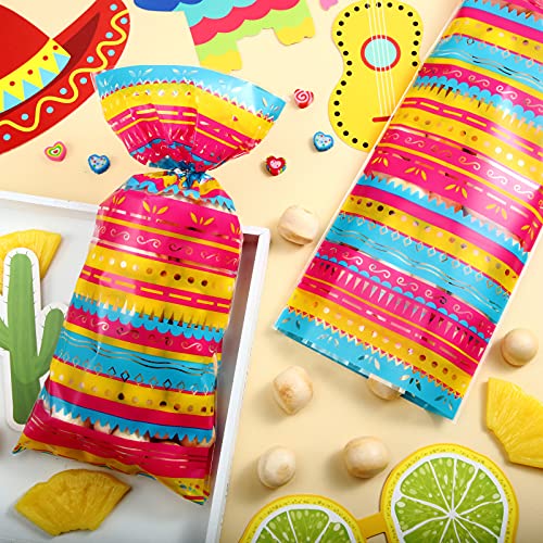 Keeoye 100 Pieces Mexican Fiesta Party Candy Bags Halloween Day of the Dead Treat Bags Cinde Mayo Cellophane Goodies Bags with 100 Silver Twist Ties for Fiesta TaBar (Keeoye-Party Favors-0718)