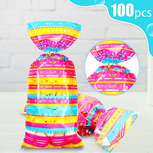 Keeoye 100 Pieces Mexican Fiesta Party Candy Bags Halloween Day of the Dead Treat Bags Cinde Mayo Cellophane Goodies Bags with 100 Silver Twist Ties for Fiesta TaBar (Keeoye-Party Favors-0718)