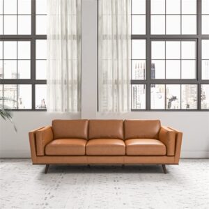 Allora Mid-Century Modern Brooklyn Genuine Italian Tanned Leather Living Room Lounge Sofa, 89 inch W, in Cognac Tan Brown