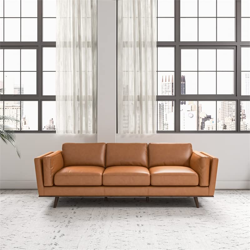 Allora Mid-Century Modern Brooklyn Genuine Italian Tanned Leather Living Room Lounge Sofa, 89 inch W, in Cognac Tan Brown