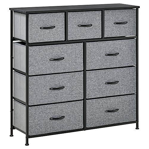 HOMCOM 9 Drawers Storage Chest Dresser Organizer Unit w/Steel Frame, Wood Top, Easy Pull Fabric Bins, for Bedroom, Hallway, Closet, Entryway, Black & Grey