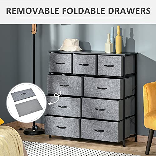 HOMCOM 9 Drawers Storage Chest Dresser Organizer Unit w/Steel Frame, Wood Top, Easy Pull Fabric Bins, for Bedroom, Hallway, Closet, Entryway, Black & Grey