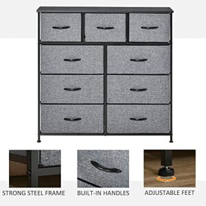 HOMCOM 9 Drawers Storage Chest Dresser Organizer Unit w/Steel Frame, Wood Top, Easy Pull Fabric Bins, for Bedroom, Hallway, Closet, Entryway, Black & Grey