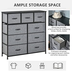 HOMCOM 9 Drawers Storage Chest Dresser Organizer Unit w/Steel Frame, Wood Top, Easy Pull Fabric Bins, for Bedroom, Hallway, Closet, Entryway, Black & Grey