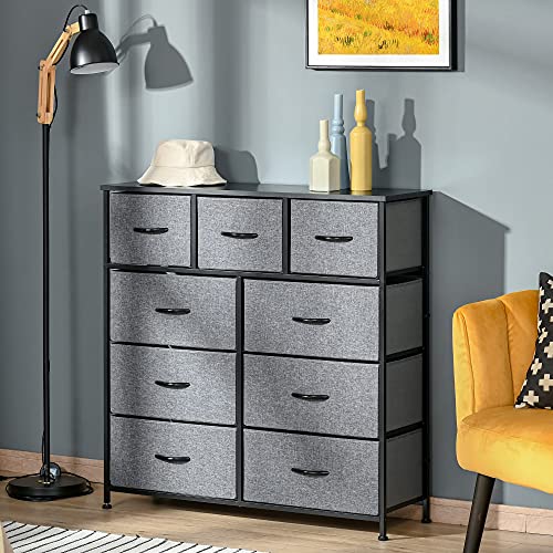 HOMCOM 9 Drawers Storage Chest Dresser Organizer Unit w/Steel Frame, Wood Top, Easy Pull Fabric Bins, for Bedroom, Hallway, Closet, Entryway, Black & Grey