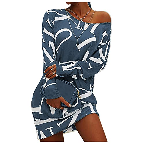 WYTong Women's Dresses Letters Printed Round Neck Dress Sweatshirt Long Sleeve Pullover Dresses(Blue,Small)