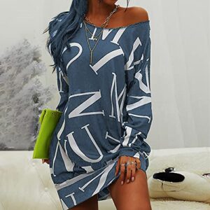 WYTong Women's Dresses Letters Printed Round Neck Dress Sweatshirt Long Sleeve Pullover Dresses(Blue,Small)