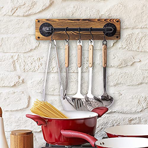 MyGift Burnt Wood Broom Rack Wall Mount for Laundry Room with Industrial Metal Bar and 5 S-Hooks, Household Cleaning Tools Closet Organizer