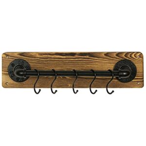 MyGift Burnt Wood Broom Rack Wall Mount for Laundry Room with Industrial Metal Bar and 5 S-Hooks, Household Cleaning Tools Closet Organizer