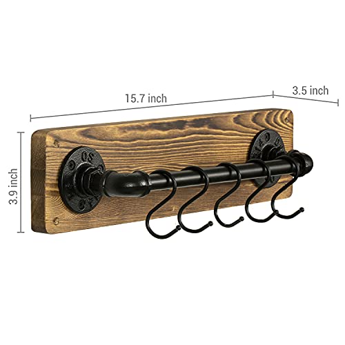 MyGift Burnt Wood Broom Rack Wall Mount for Laundry Room with Industrial Metal Bar and 5 S-Hooks, Household Cleaning Tools Closet Organizer