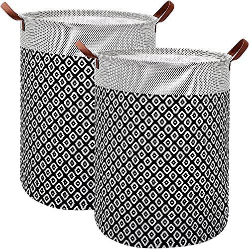 [2 Pack] Large Laundry Hamper Basket, 63L Freestanding Waterproof Clothes Basket, Collapsible Round Bohemia Storage Organizer with Leather Handles for Dirty Clothes, Home Storage (Black)