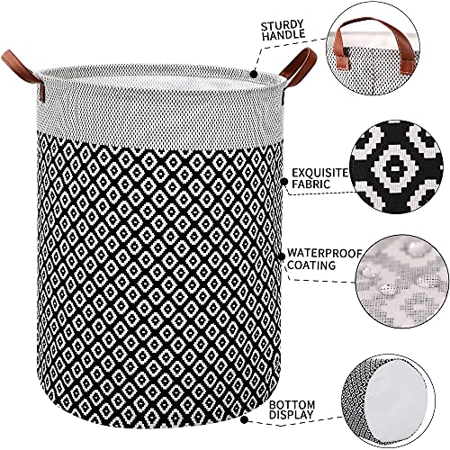 [2 Pack] Large Laundry Hamper Basket, 63L Freestanding Waterproof Clothes Basket, Collapsible Round Bohemia Storage Organizer with Leather Handles for Dirty Clothes, Home Storage (Black)