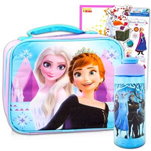 walt disney studio disney frozen lunch bag bundle for girls, kids ~ frozen lunch box set featuring anna and elsa with water bottle, frozen bookmark, stickers, and more (frozen school supplies)