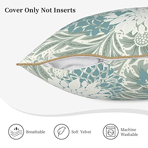 mapersu Velvet Throw Pillows Cover 18 X 18 Inch Green Blue Beige Cushion Cover with Flower Blooms Leaves Modern Trim Cushion Case Farmhouse Home Decorative