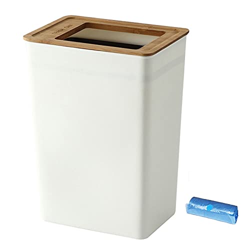 DoxiGlobal Slim Plastic Trash Can with Free Trash Bags Wastebasket with Wood Lid Rectangular Waste Bin Small Garbage Container White for Home Office Bathroom Kitchen-2.4 Gallon/9L