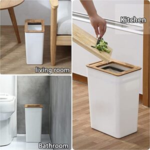 DoxiGlobal Slim Plastic Trash Can with Free Trash Bags Wastebasket with Wood Lid Rectangular Waste Bin Small Garbage Container White for Home Office Bathroom Kitchen-2.4 Gallon/9L