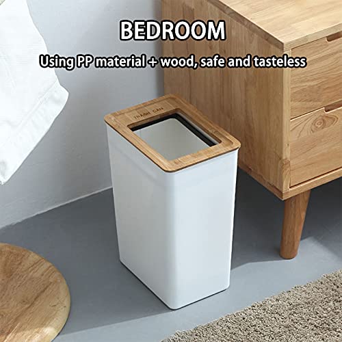 DoxiGlobal Slim Plastic Trash Can with Free Trash Bags Wastebasket with Wood Lid Rectangular Waste Bin Small Garbage Container White for Home Office Bathroom Kitchen-2.4 Gallon/9L