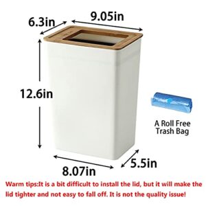 DoxiGlobal Slim Plastic Trash Can with Free Trash Bags Wastebasket with Wood Lid Rectangular Waste Bin Small Garbage Container White for Home Office Bathroom Kitchen-2.4 Gallon/9L