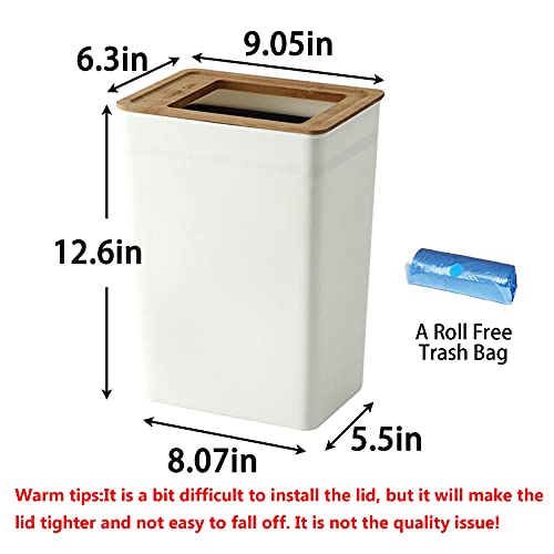 DoxiGlobal Slim Plastic Trash Can with Free Trash Bags Wastebasket with Wood Lid Rectangular Waste Bin Small Garbage Container White for Home Office Bathroom Kitchen-2.4 Gallon/9L