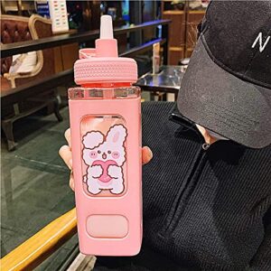 pexizuan kawaii bear water bottle with straw sport plastic portable square drinking bottle for girl cute juice tea water cups 700ml(pink,700ml)