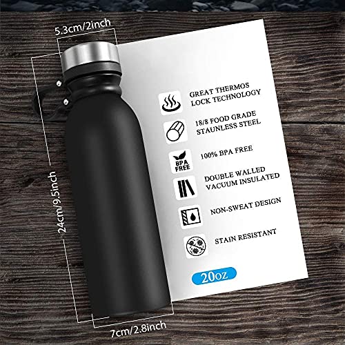 cocomum Stainless Steel Water Bottle|20 oz Vacuum Insulated Water Bottle|Insulated Double Wall Water Bottle Keep Hot & Cold,Leak Proof Sports Bottle,Wide Mouth Lids with Finger Belt-Black