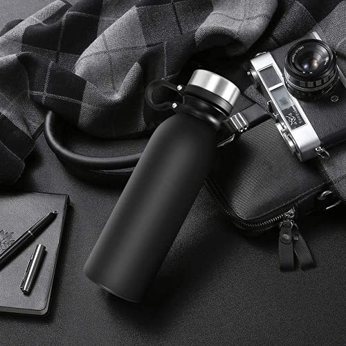 cocomum Stainless Steel Water Bottle|20 oz Vacuum Insulated Water Bottle|Insulated Double Wall Water Bottle Keep Hot & Cold,Leak Proof Sports Bottle,Wide Mouth Lids with Finger Belt-Black