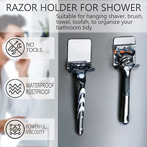 KOFANI Razor Holder for Shower, 4 Pack Stainless Steel Razor Holder Hooks, Waterproof Self-Adhesive Shaver Holder Hanger Hooks for Bathroom Kitchen to Organize Loofah Robe Towel Plug Coat