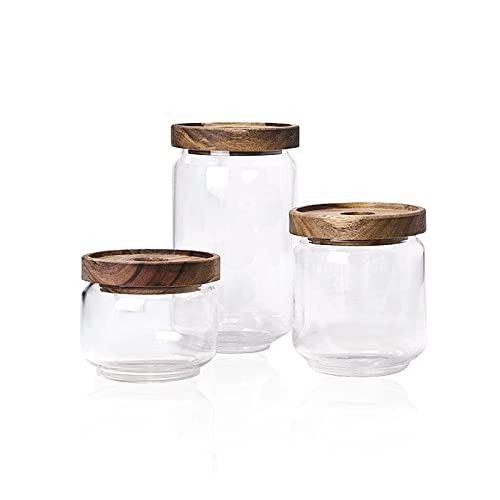 AEFPOYMXU Glass Food Storage Jars with Wood Lids Mason Jar Canister Set Glass Containers for Tea, Coffee, Spice, Candy, Cookie, Pantry(set of 3)