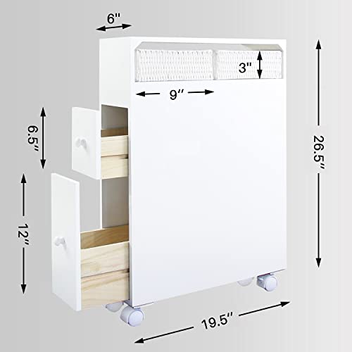 MASAKA B&W Wooden Movable Bathroom Storage Cabinet with 2 Drawers and Shelf, Toilet Paper Storage, Corner Shelves, Bathroom Furniture Sets, Side Storage Organizer Toilet