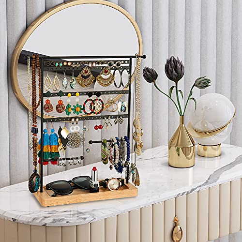 Bielebbi Earring Organizer, Earring Holder Display and Jewelry Holder Stand with 4 Tier Necklace Holder Wooden Tray Suitable for Women Gifts for Girls(Natural)