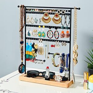 Bielebbi Earring Organizer, Earring Holder Display and Jewelry Holder Stand with 4 Tier Necklace Holder Wooden Tray Suitable for Women Gifts for Girls(Natural)