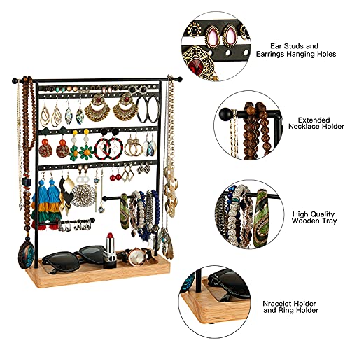 Bielebbi Earring Organizer, Earring Holder Display and Jewelry Holder Stand with 4 Tier Necklace Holder Wooden Tray Suitable for Women Gifts for Girls(Natural)