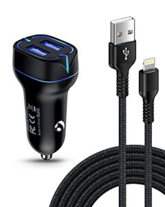 car phone charger lightning cable fast charging cargador for iphone 14 13 12 pro max mini 11pro 10 se x xr xs xs max 8 7 6 plus, apple lightening wire 6ft+4.8a dual port usb cigarette lighter adapter