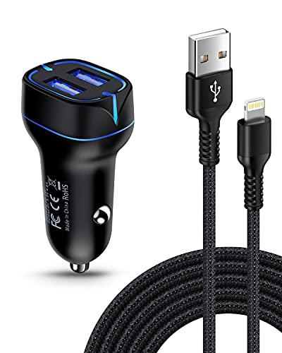 Car Phone Charger Lightning Cable Fast Charging Cargador for iPhone 14 13 12 Pro Max Mini 11Pro 10 SE X XR XS XS Max 8 7 6 Plus, Apple Lightening Wire 6FT+4.8A Dual Port USB Cigarette Lighter Adapter