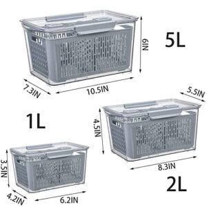 Cedilis 3 Pack Fresh Container, Produce Saver Container for Refrigerator, Vegetable Fruit Storage Container, Fridge Storage Organizer Bins with Divider, Fridge Container Box, Grey（Not Dishwasher Safe)