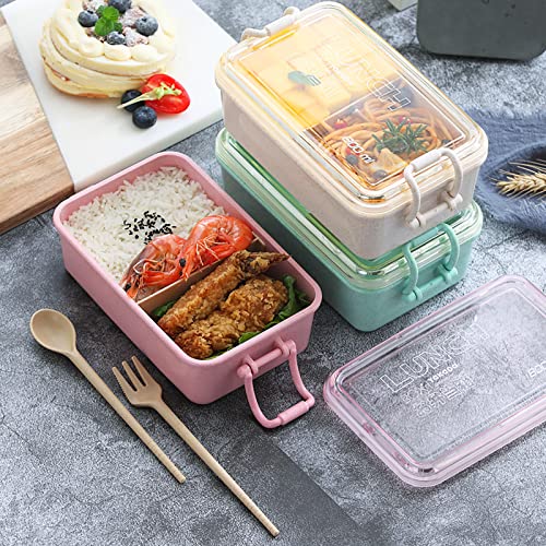 Yesland 3 Packs Bento Box, Wheat Straw 3-In-1 Compartment Japanese Lunch Box with Spoon and Fork, 2 Tier Stackable Lunch Containers for Kids and Adults (Beige, Pink & Green, 950Ml)