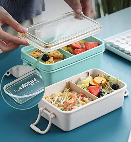 Yesland 3 Packs Bento Box, Wheat Straw 3-In-1 Compartment Japanese Lunch Box with Spoon and Fork, 2 Tier Stackable Lunch Containers for Kids and Adults (Beige, Pink & Green, 950Ml)