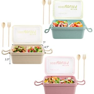 Yesland 3 Packs Bento Box, Wheat Straw 3-In-1 Compartment Japanese Lunch Box with Spoon and Fork, 2 Tier Stackable Lunch Containers for Kids and Adults (Beige, Pink & Green, 950Ml)