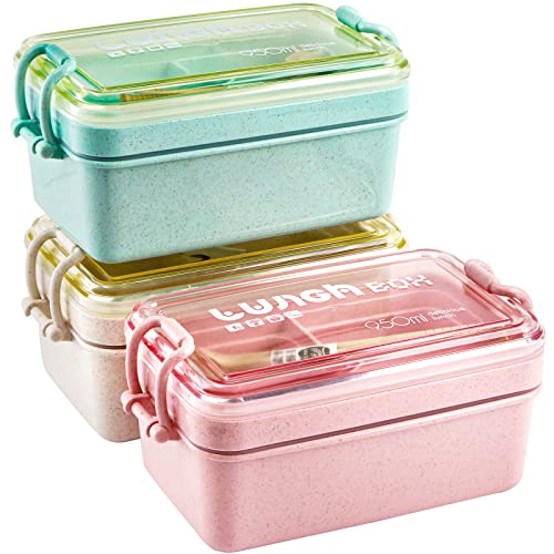 Yesland 3 Packs Bento Box, Wheat Straw 3-In-1 Compartment Japanese Lunch Box with Spoon and Fork, 2 Tier Stackable Lunch Containers for Kids and Adults (Beige, Pink & Green, 950Ml)