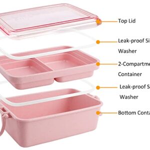 Yesland 3 Packs Bento Box, Wheat Straw 3-In-1 Compartment Japanese Lunch Box with Spoon and Fork, 2 Tier Stackable Lunch Containers for Kids and Adults (Beige, Pink & Green, 950Ml)