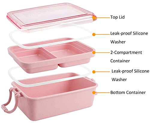 Yesland 3 Packs Bento Box, Wheat Straw 3-In-1 Compartment Japanese Lunch Box with Spoon and Fork, 2 Tier Stackable Lunch Containers for Kids and Adults (Beige, Pink & Green, 950Ml)