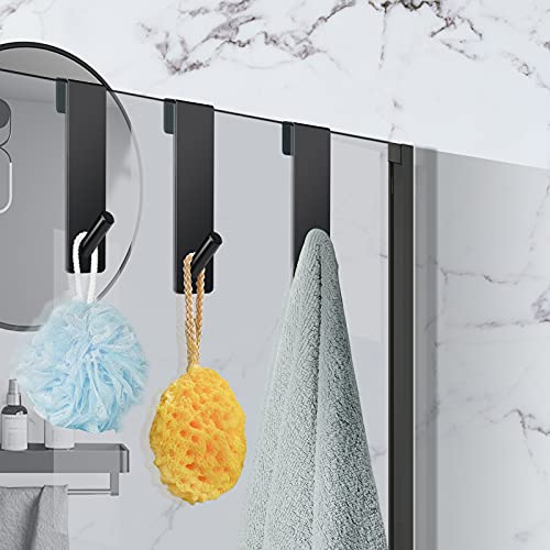 LIANQUAN Shower Door Hooks, 3 Pack Over Door Hooks for Bathroom Frameless Glass Shower Door Towel Hooks Stainless Steel Hanger Drilling-Free Towel Rack Ideal for Robe, Loofahs, Black