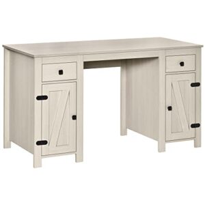 homcom farm style home office computer desk with 2 drawers, 2 cabinets with metal accent hardware, cream white