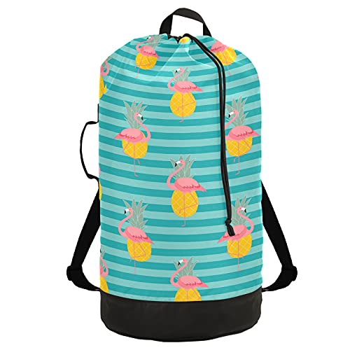 Flamingo Pineapple Thanksgiving Laundry Bag Heavy Duty Laundry Backpack with Shoulder Straps Handles Travel Laundry bag Drawstring Closure Dirty Clothes Organizer For Apartment College Dorm Laundromat